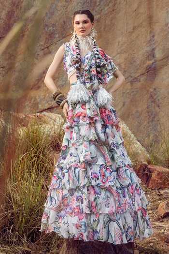 Buy Akanksha Mago Multi Color Georgette Layered Lehenga And Blouse Set ...