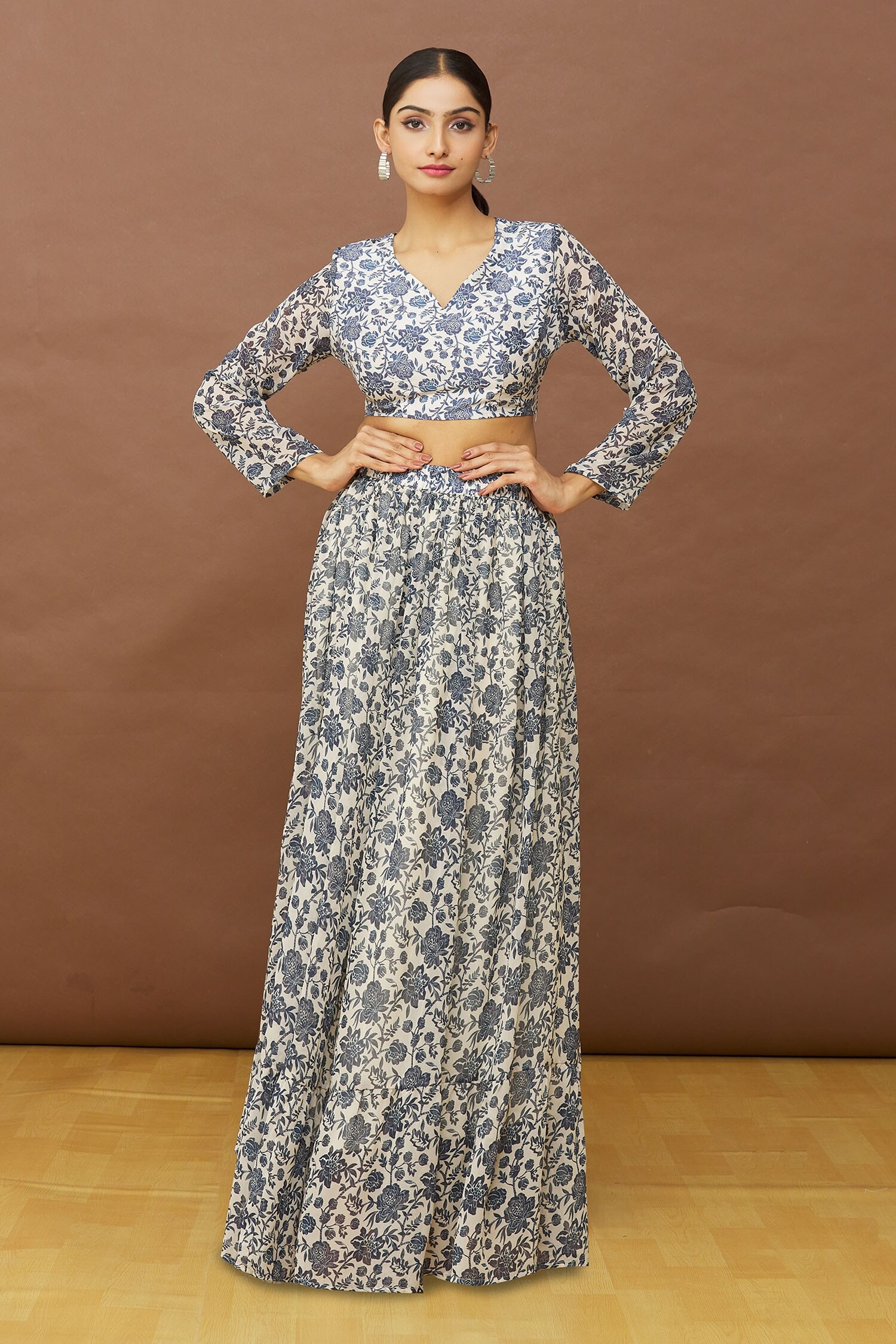 Buy Naintara Bajaj Off White Poly Silk Floral Jaali Print Top With ...