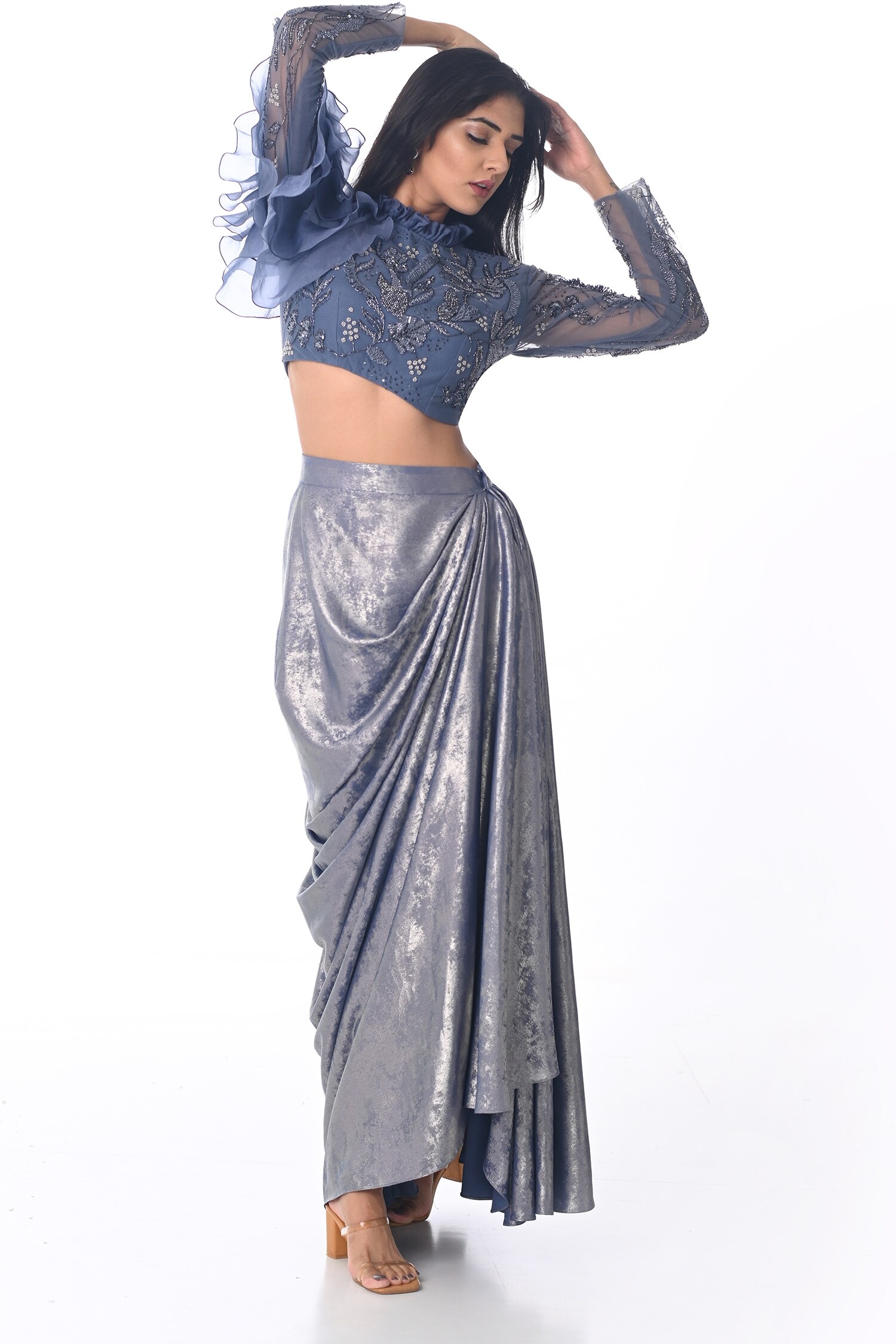Buy PIRI INDIA Blue Tulle Hand Embroidered Crop Top And Cowl Skirt Set ...