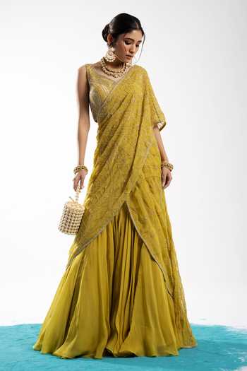Buy Charu and Vasundhara Yellow Esrat Pre-draped Lehenga Saree With ...