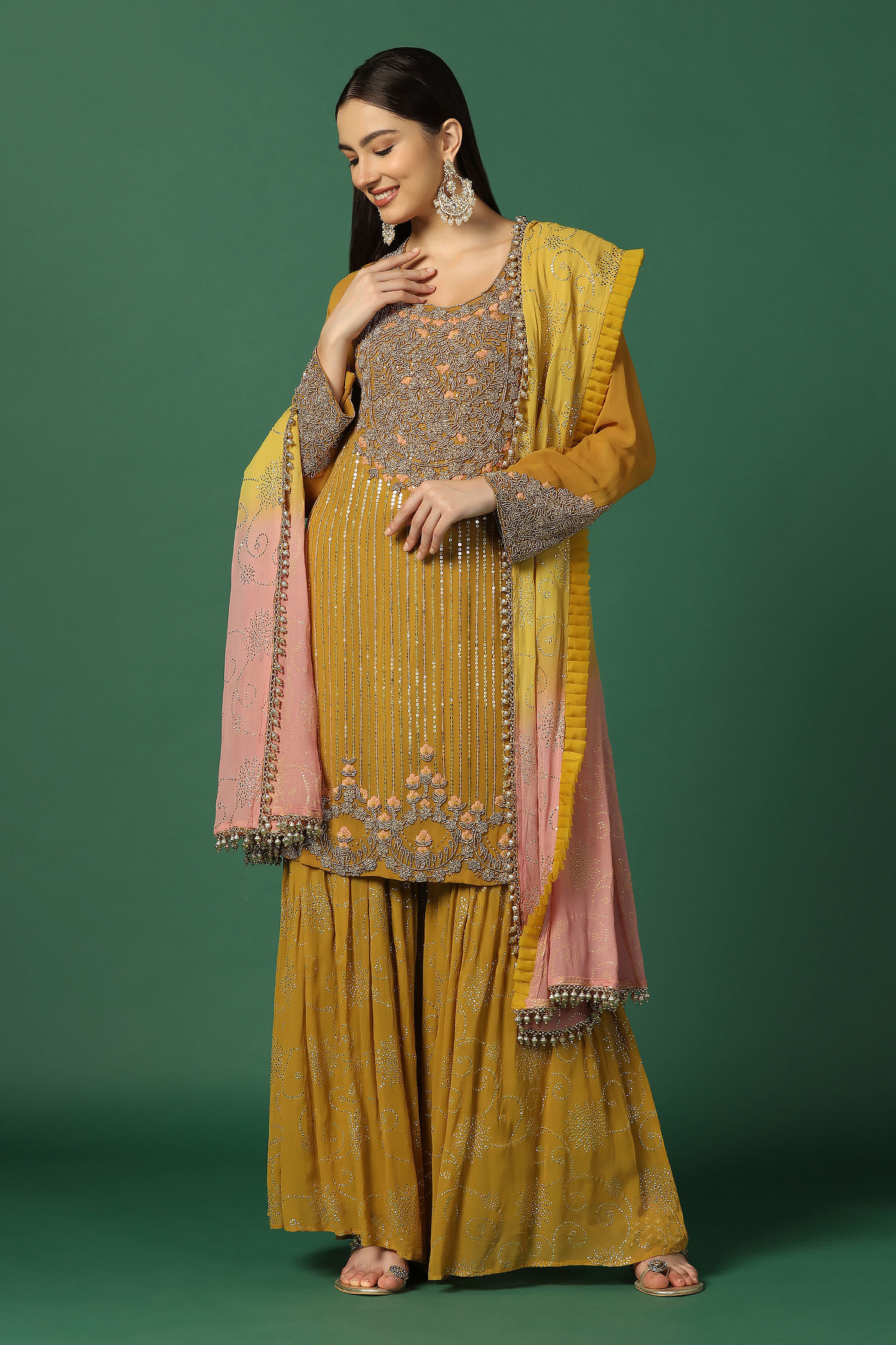 Buy Two Sisters By Gyans Yellow Georgette Sequin And Resham Embroidered Kurta Sharara Set Online ...