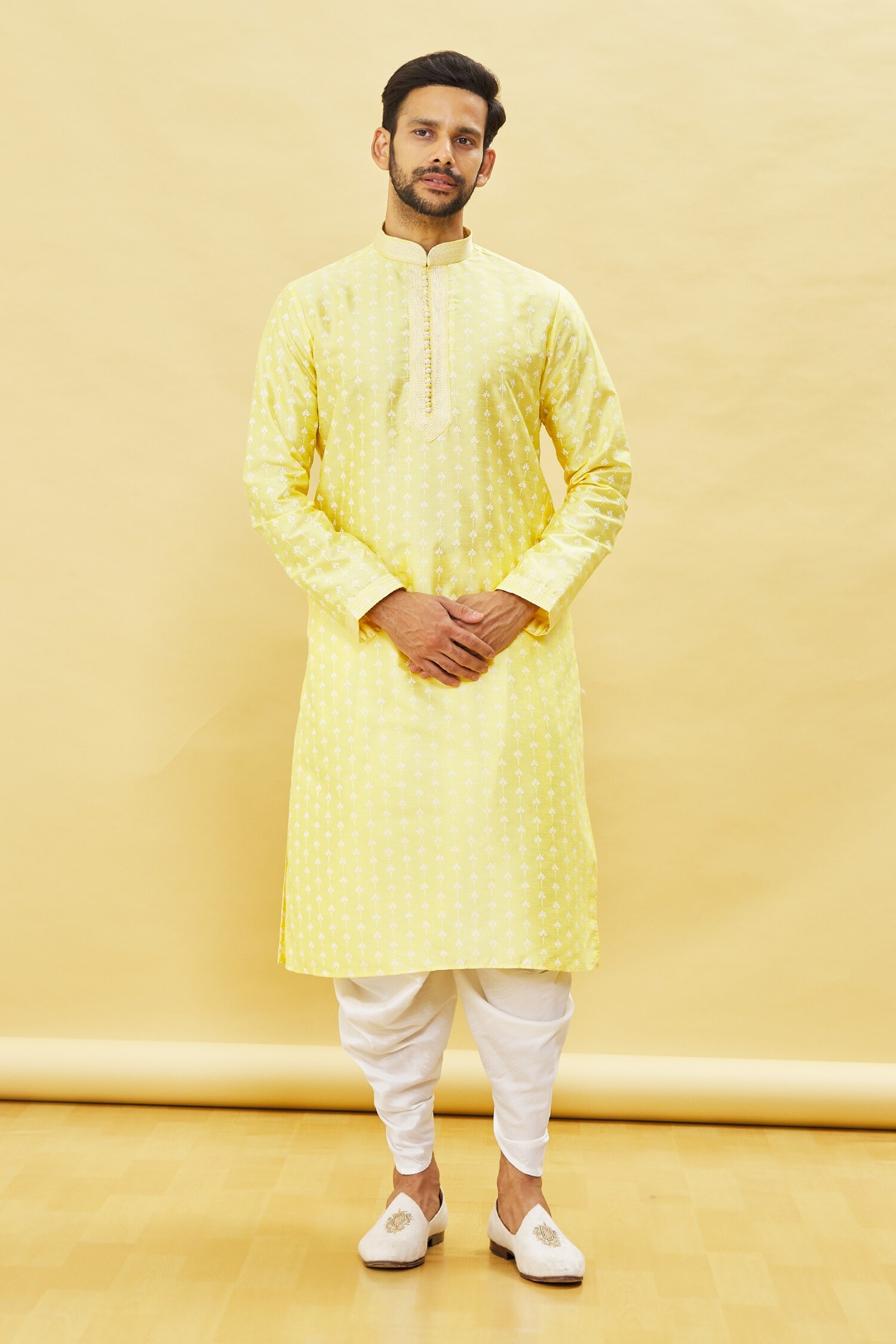 Buy Samyukta Singhania Yellow Silk Floral Scatter Printed Kurta Patiala ...