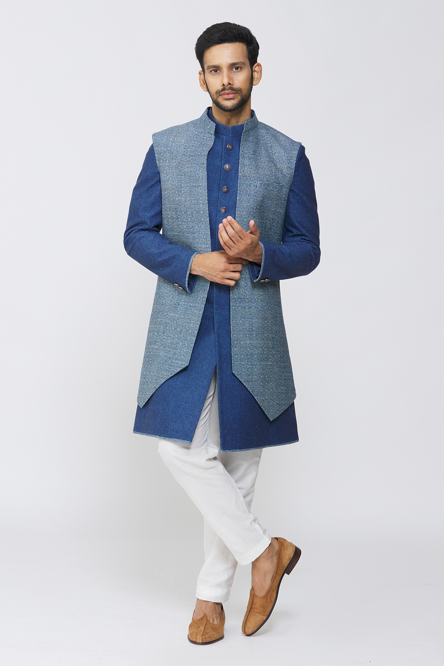 Buy Arihant Rai Sinha Blue Jute Jacket And Solid Sherwani Set Online ...