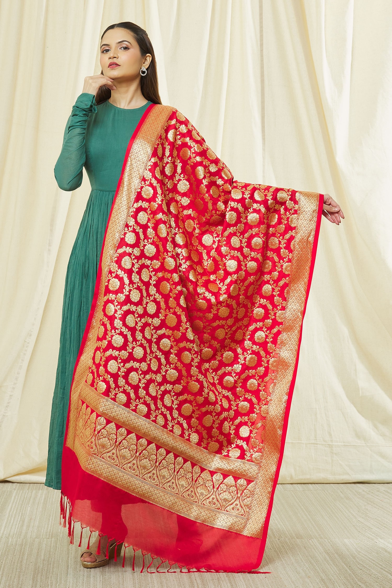 Buy Khwaab by Sanjana Lakhani Red Banarasi Art Silk Fringe Hem Flower ...