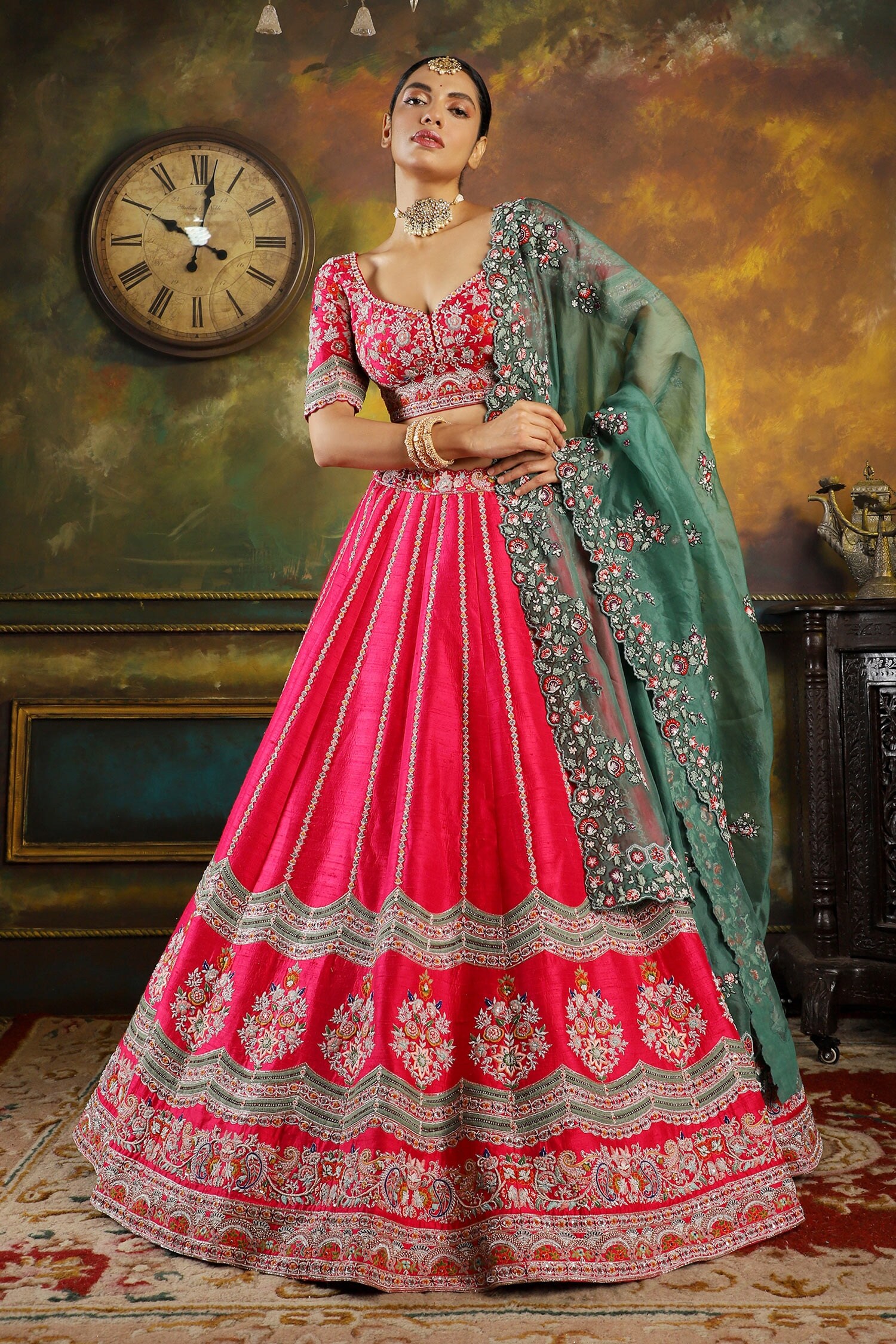 Buy Pallavi Poddar Fuchsia Raw Silk Resham Embroidered Lehenga Set ...