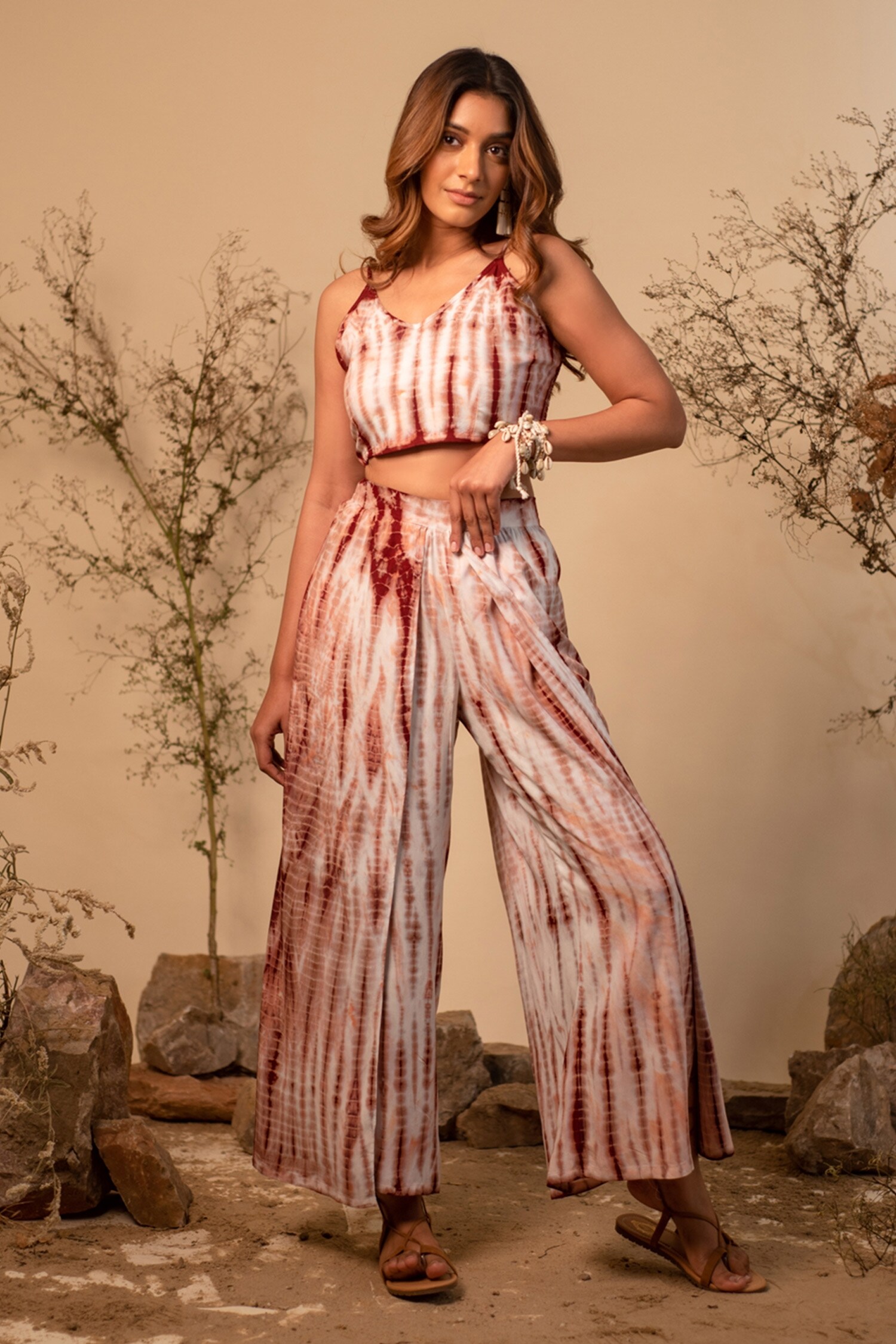 Buy Label Reyya Maroon Rayon Staple Tie-dye Print Bralette And Pant Set ...