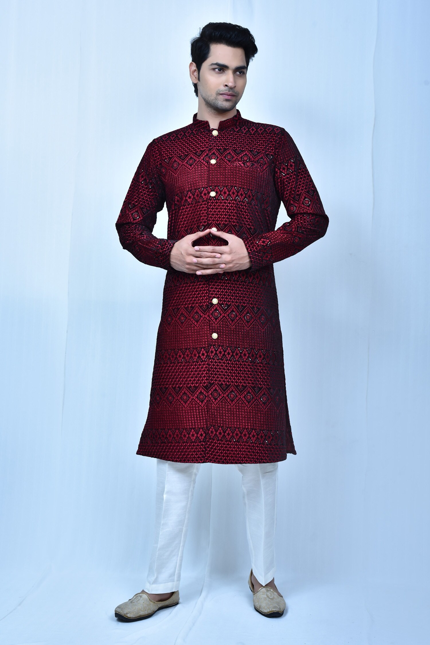 Buy Samyukta Singhania Maroon Velvet Thread Embroidered Kurta Set ...