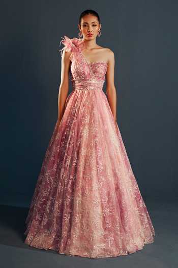 Buy Cedar & Pine Pink Organza One Shoulder Embroidered Gown Online ...