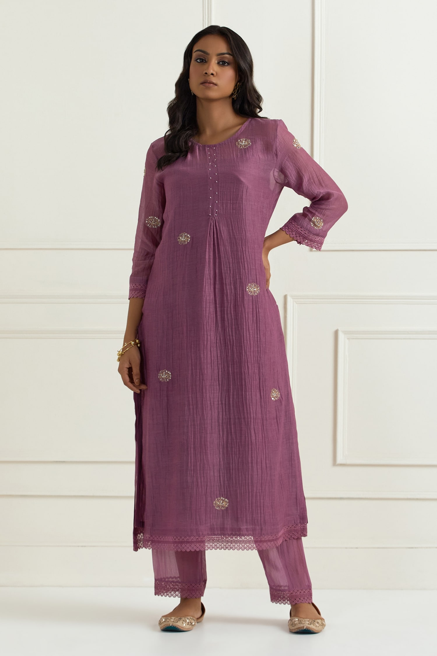 Buy Ikshita Choudhary Purple Chanderi Floral Bloom Embroidered Kurta Online | Aza Fashions