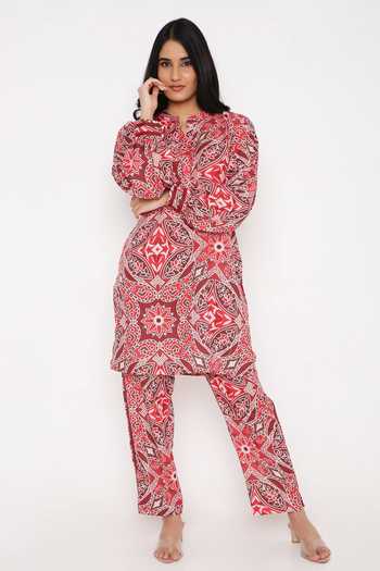 Buy Bha sha Red Cotton Rayon Floral Mandala Print Kurti With Pant ...