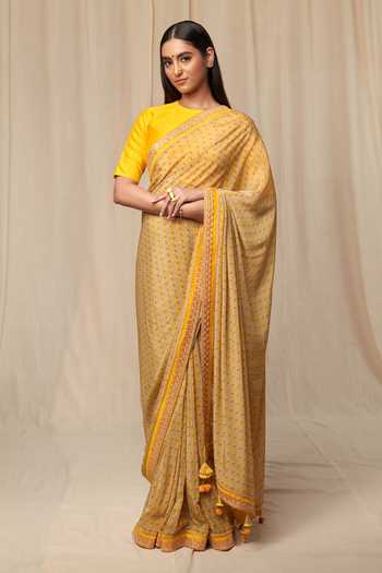 Buy Masaba Beige Natural Crepe Wallflower Print Saree Online | Aza Fashions