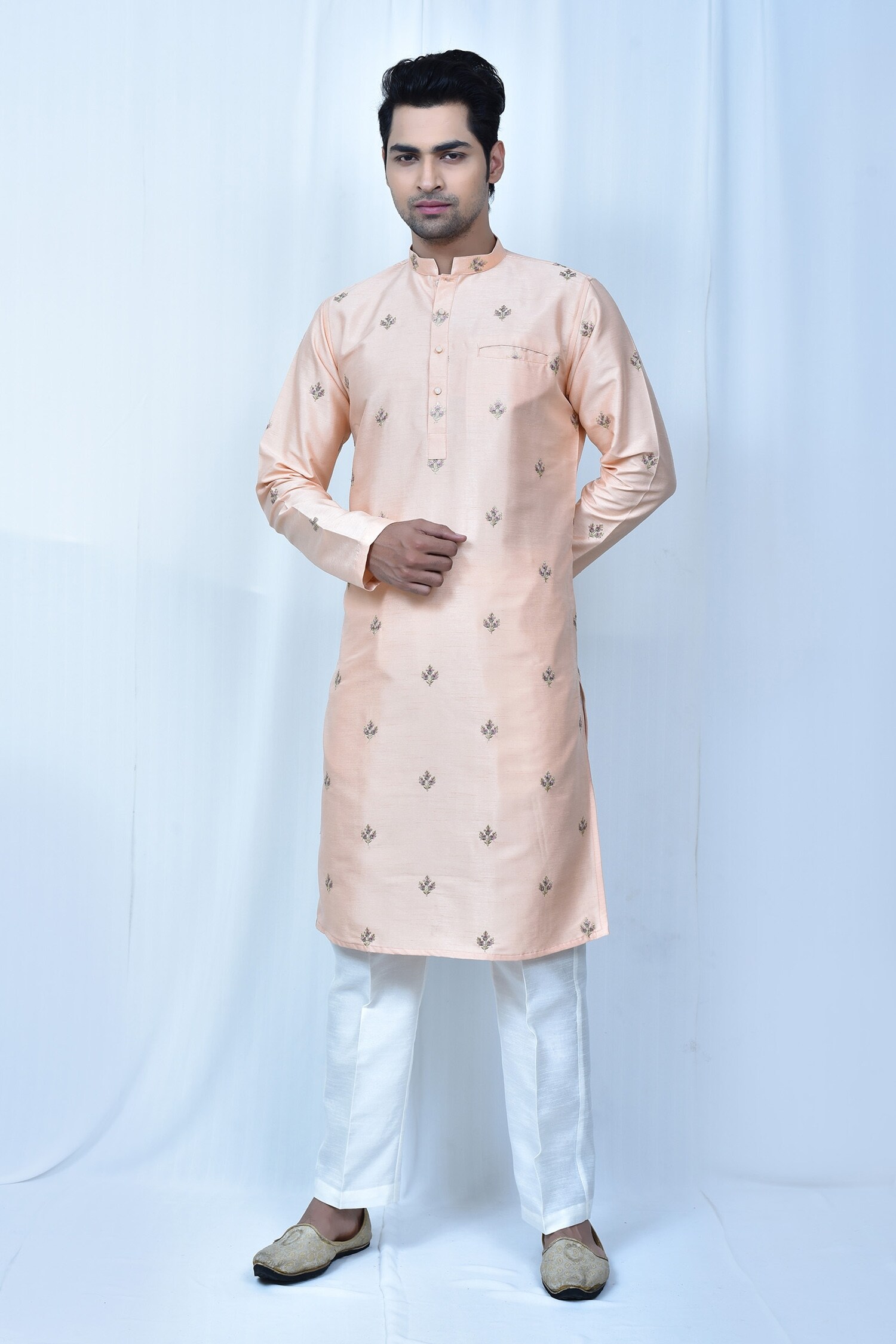 Buy Samyukta Singhania Peach Art Silk Floral Thread Embroidered Kurta ...
