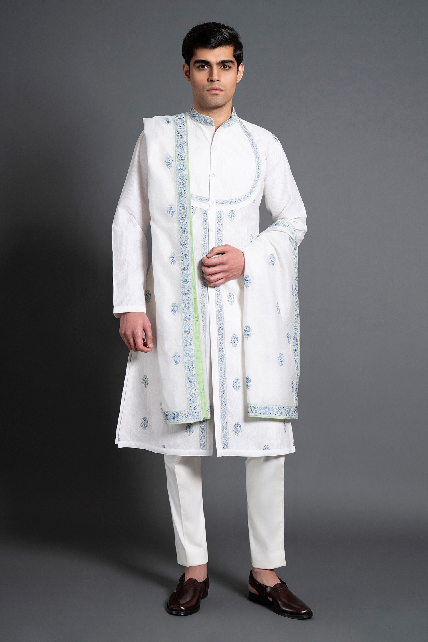 Buy Raghavendra Rathore Jodhpur White Silk Embroidered Angrakha Kurta ...
