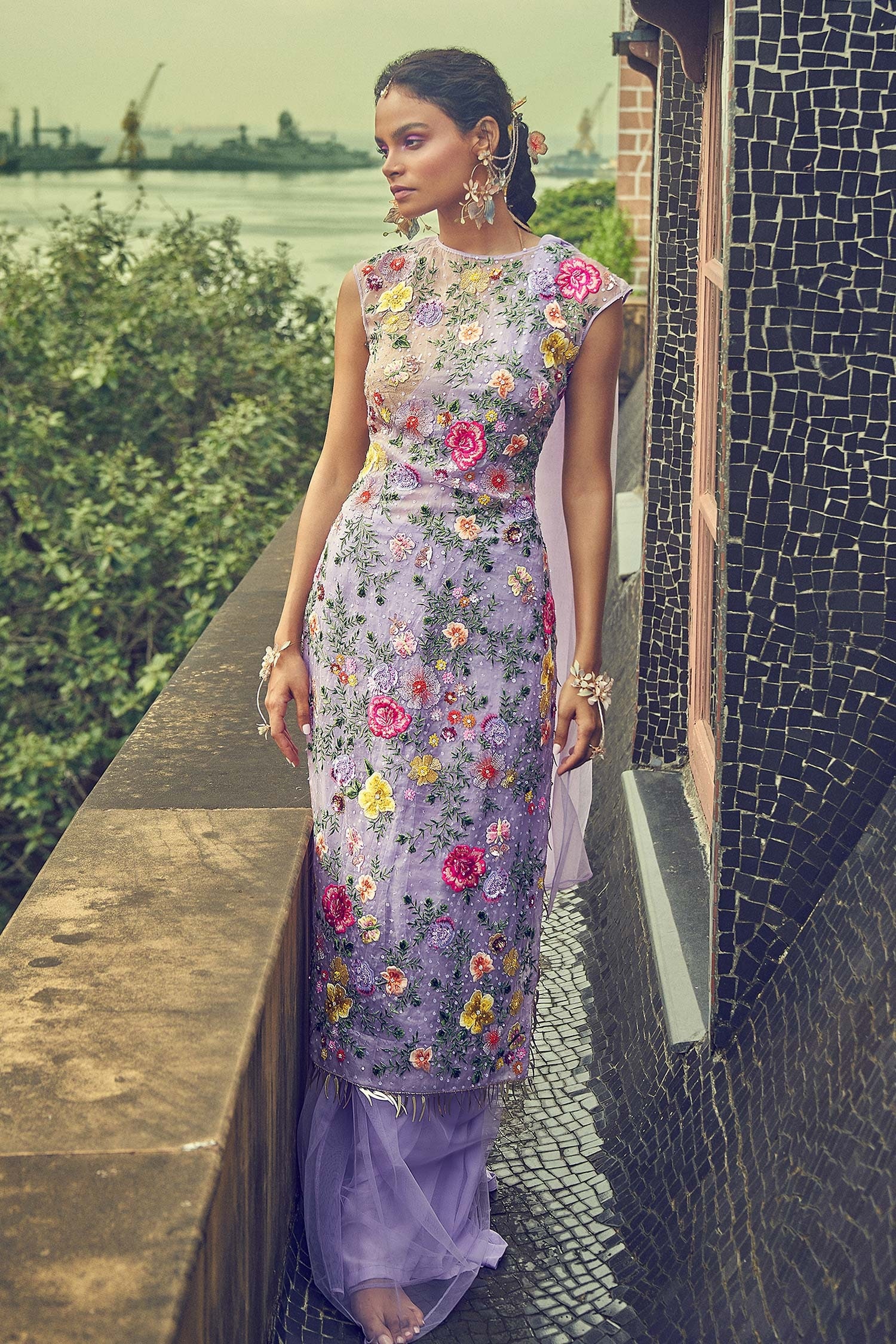 Buy Surily G Purple Organza Floral Embroidered Straight Kurta Online ...