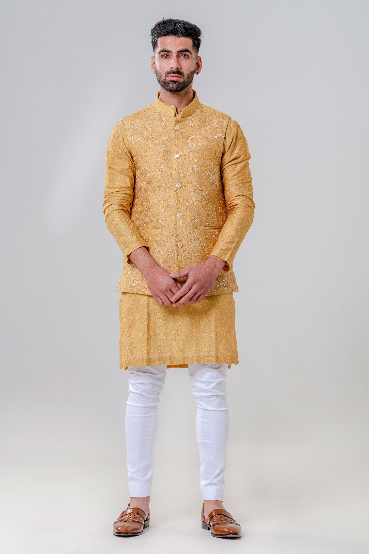 Buy Amrit Dawani Yellow Floral Lucknowi Embroidered Bundi Kurta Set ...