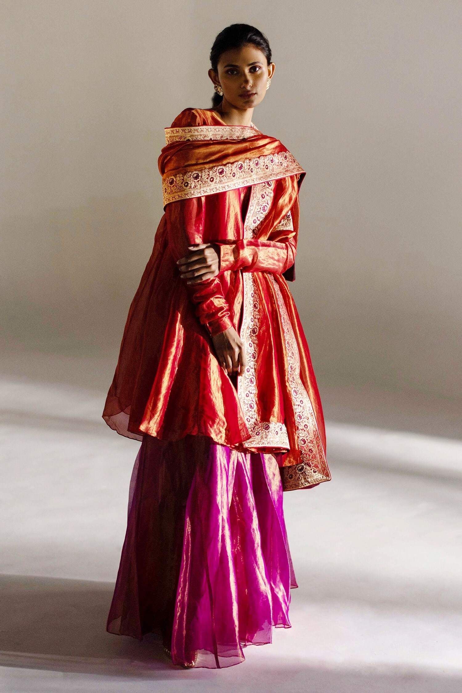 Buy Mimamsaa Red Laura Tissue Silk Woven Border Dupatta Online | Aza ...