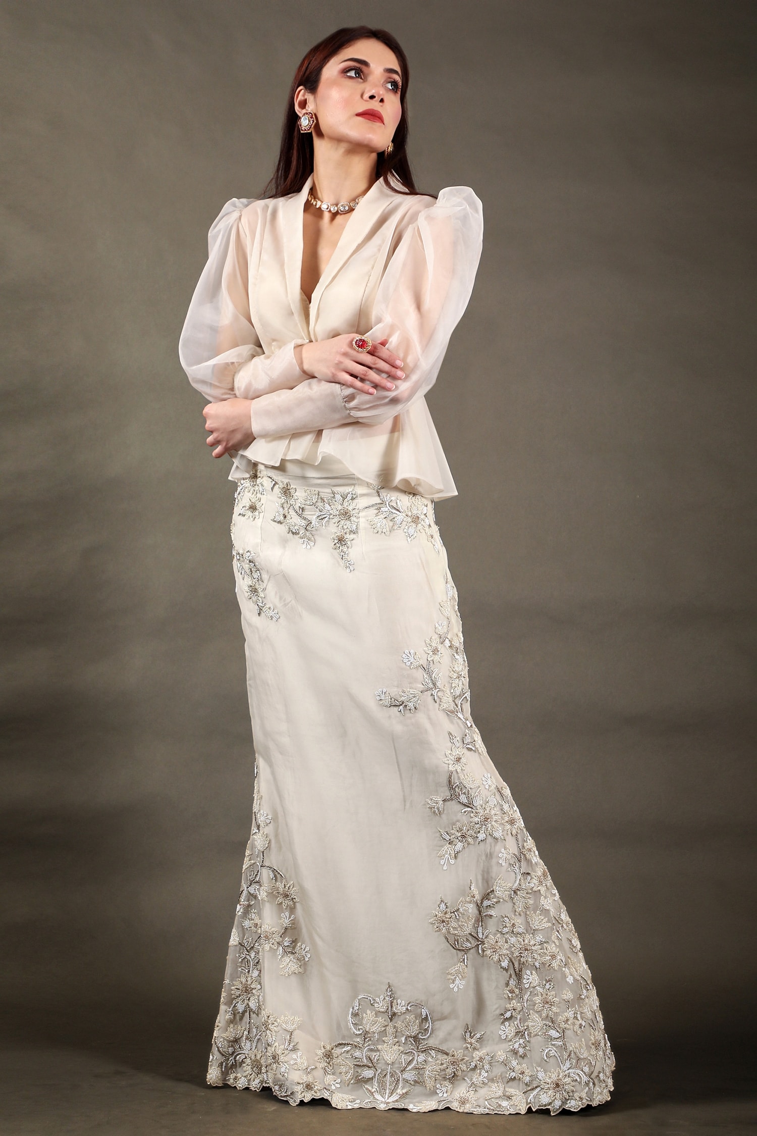 Buy OMANA BY RANJANA BOTHRA Ivory Organza With Lining Fishtail Skirt ...