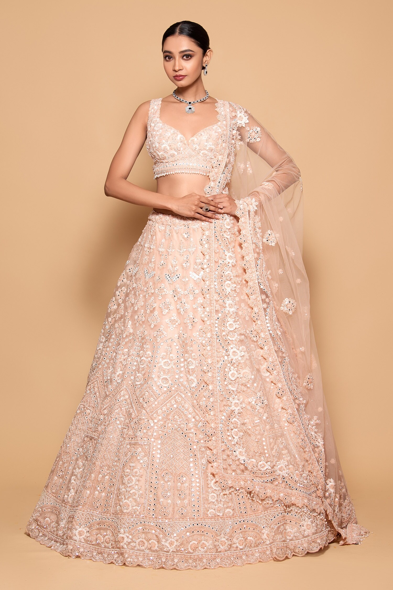 Buy Pallavi Poddar Peach Tulle Beta Mirror Embroidered Lehenga Set ...
