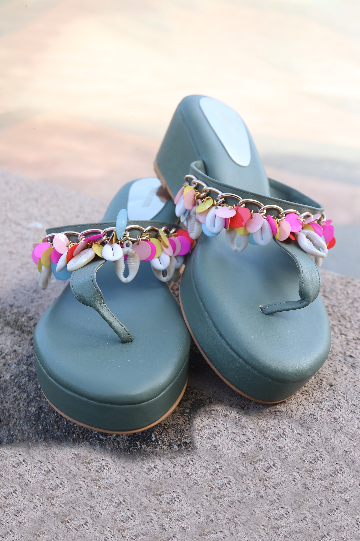 Buy Foot Fuel Green Rexine Amula Strap Embroidered Wedges Online | Aza ...