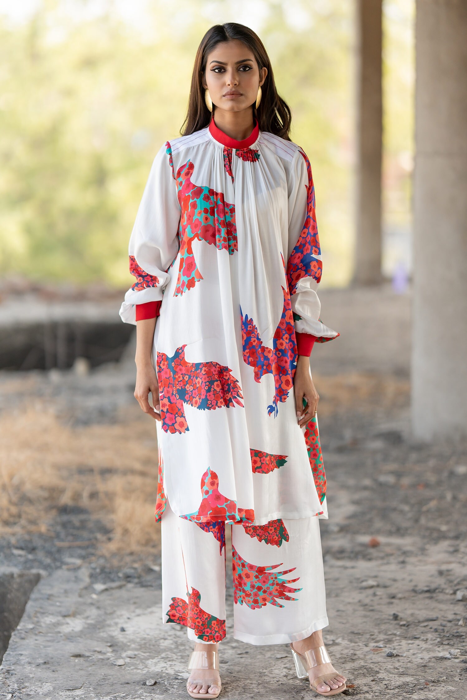 Buy Pooja-Keyur White Satin Bomber Eagle Bloom Print Kurta With Pant ...