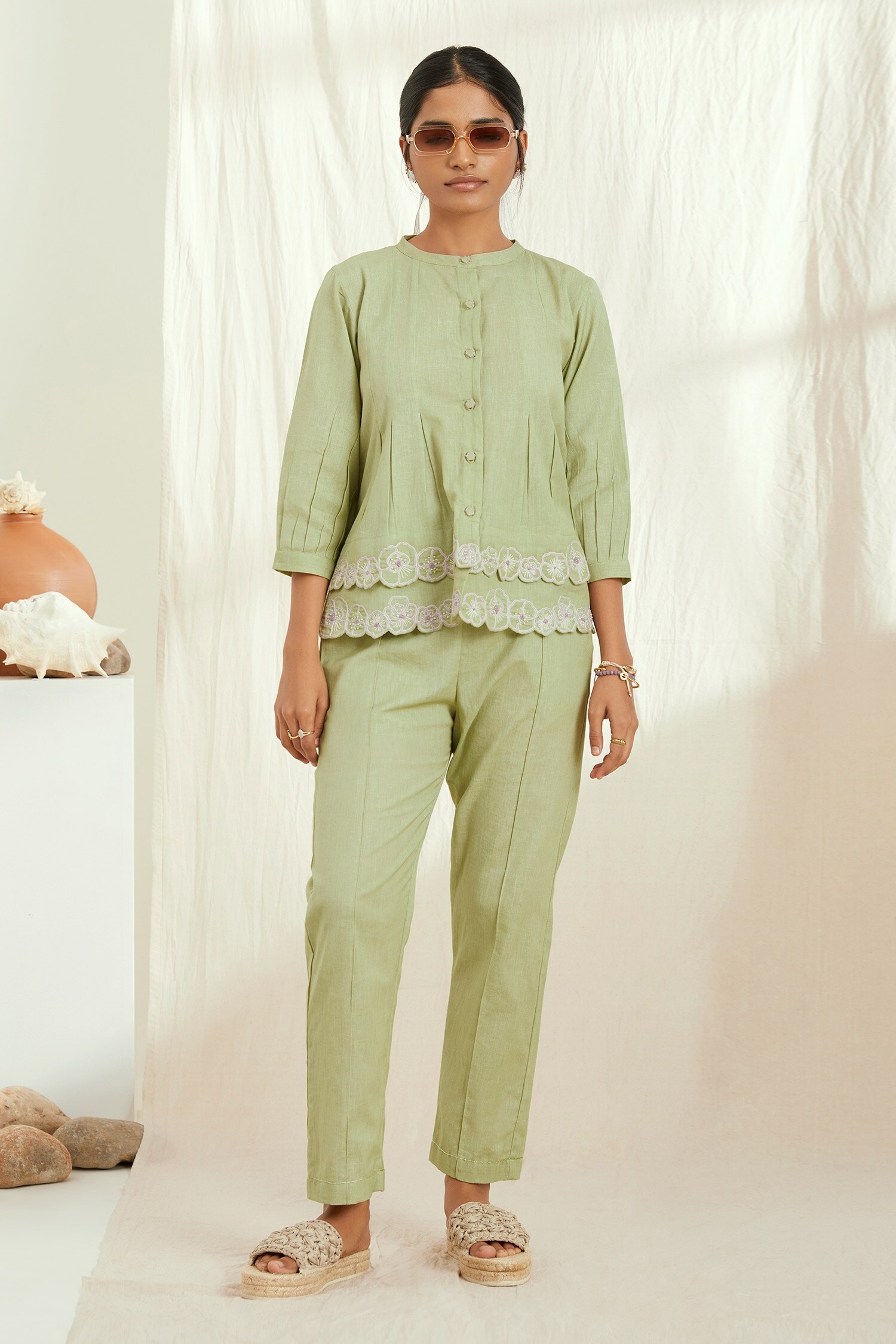 Buy The Right Cut Green Linen Dylan Border Embroidered Short Top And ...