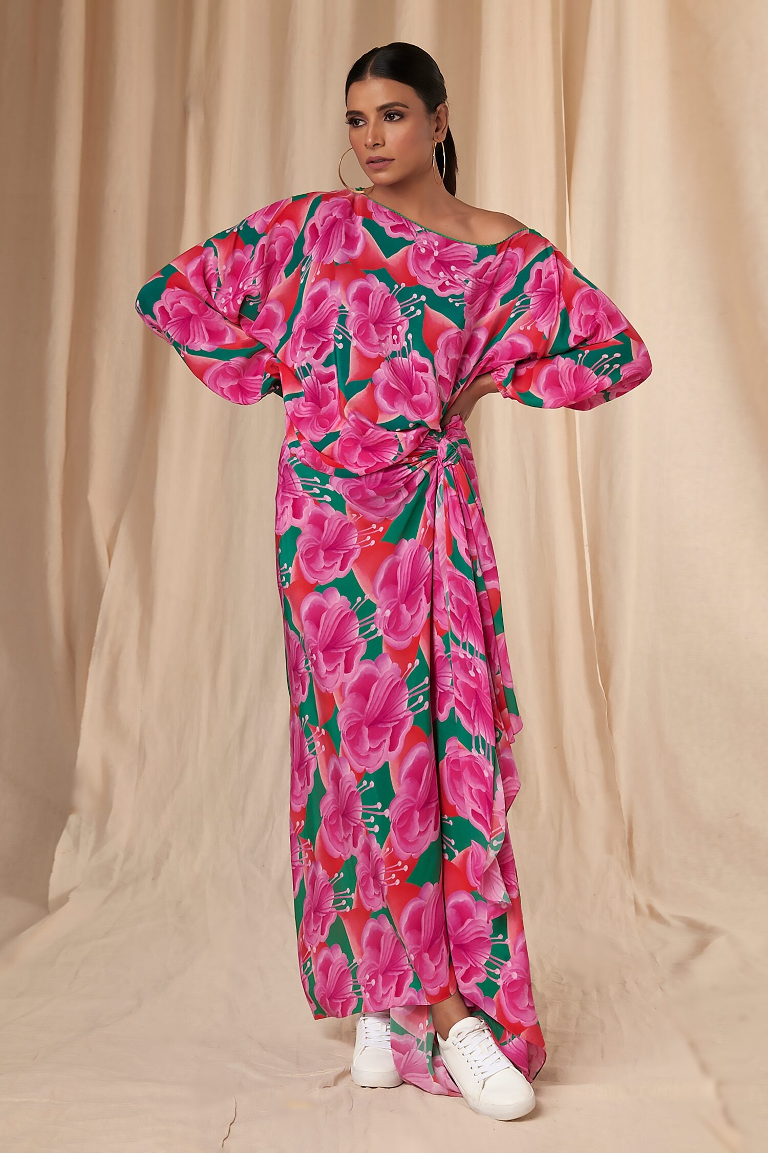 Buy Masaba Green Natural Crepe Miranda Bloomerang Print Poncho And ...