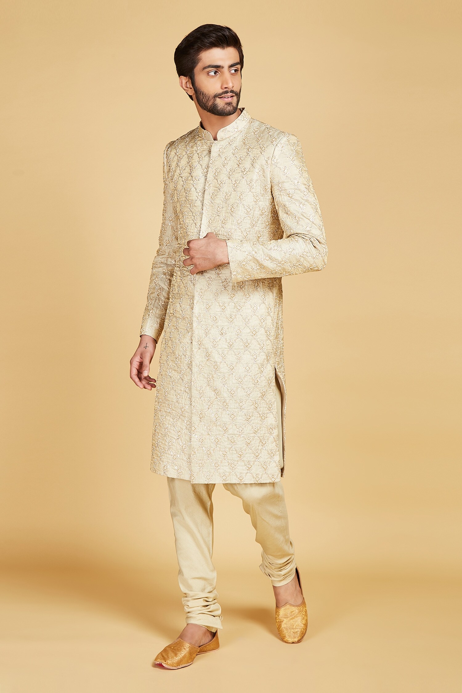Buy Amrin khan Gold Quatrefoil And Flower Pattern Sherwani Set Online ...