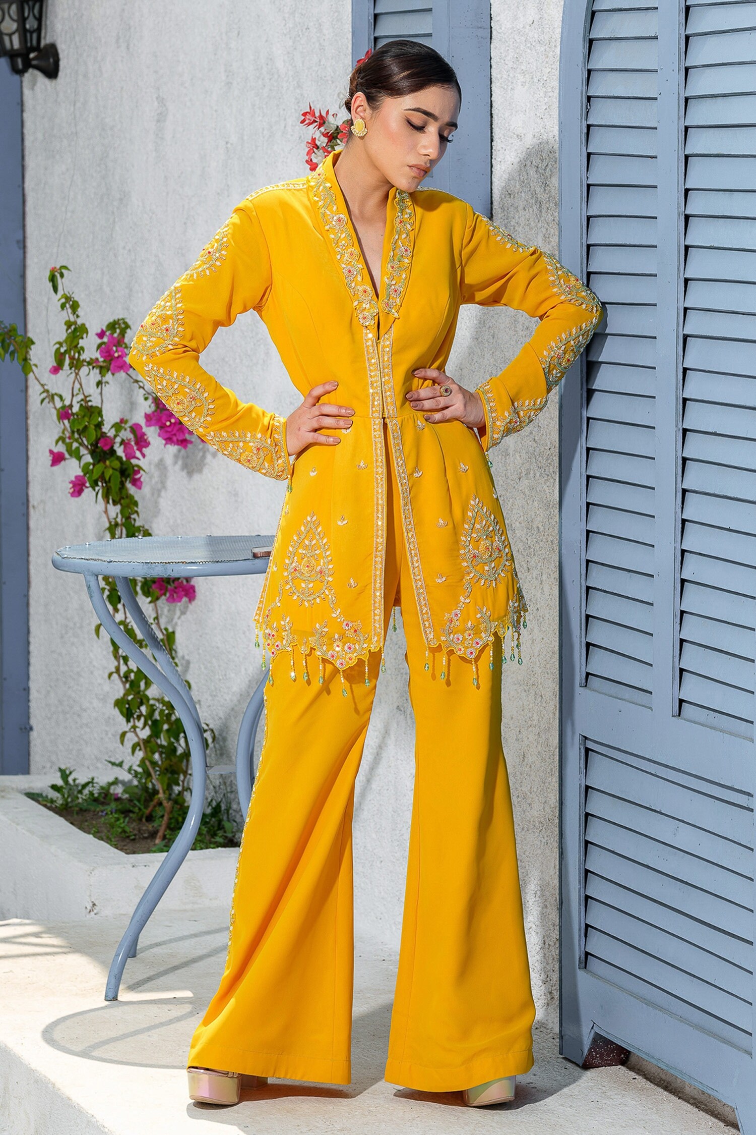 Buy Tamaraa By Tahani Yellow Georgette Placement Embroidered Jacket ...