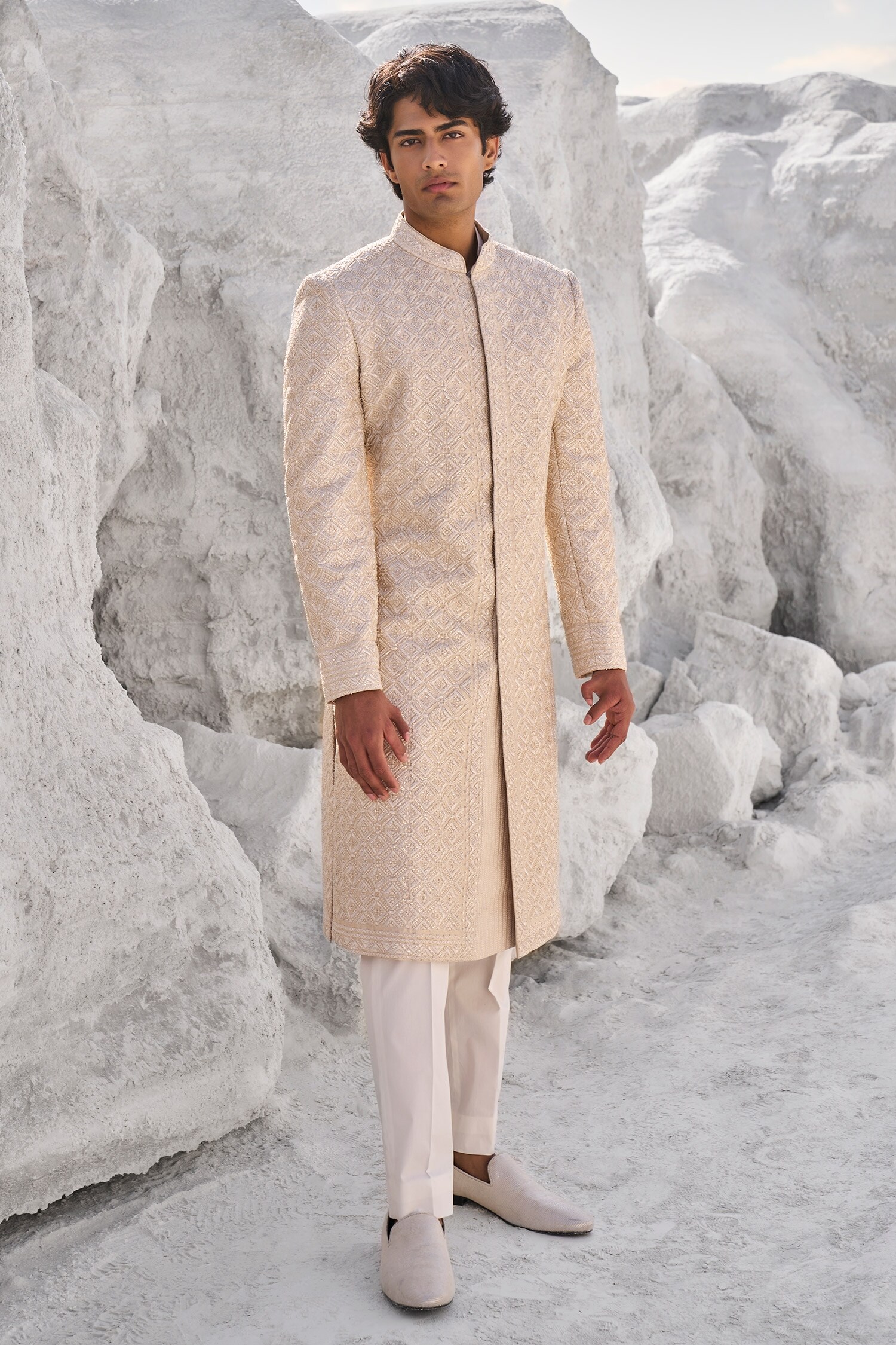 Buy Seema Gujral Ivory Raw Silk Diamond Tile Embroidered Sherwani Set ...