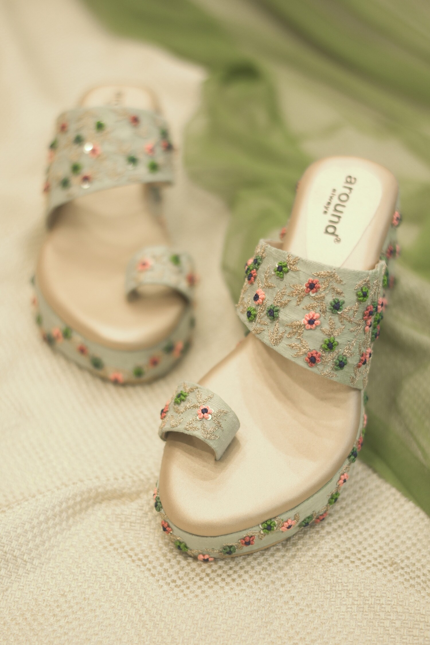 Buy Around Always Green Floral Embroidered Wedges Online | Aza Fashions