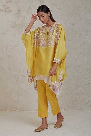 Buy Sue Mue Yellow Zimal Chanderi Layered Kaftan And Pant Set Online ...