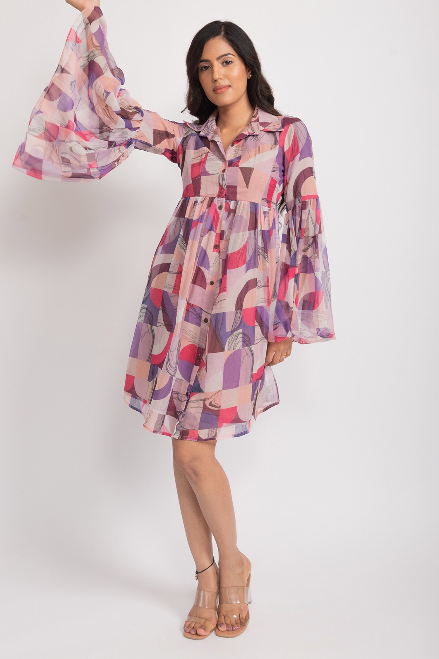 Buy AROOP SHOP INDIA Multi Color Recycled Chiffon Flared Bell Sleeve ...