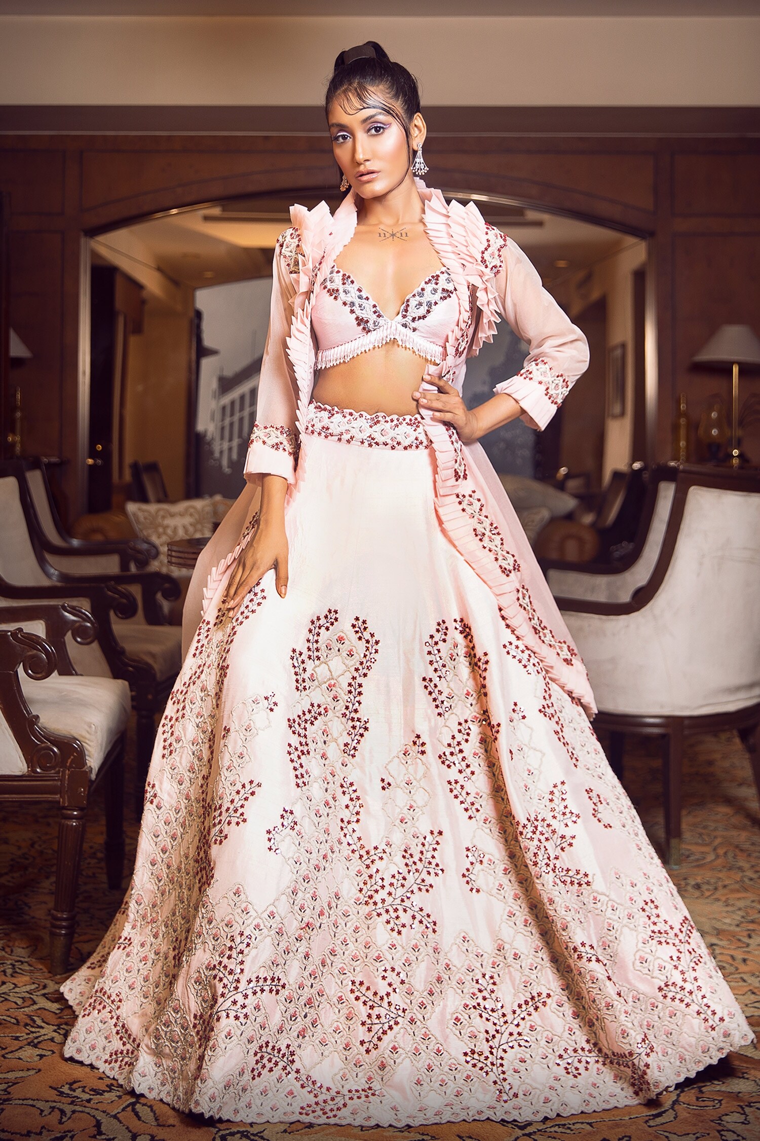 Buy MOHA Atelier Pink Dupion Silk Embroidered Lehenga And Pleated ...