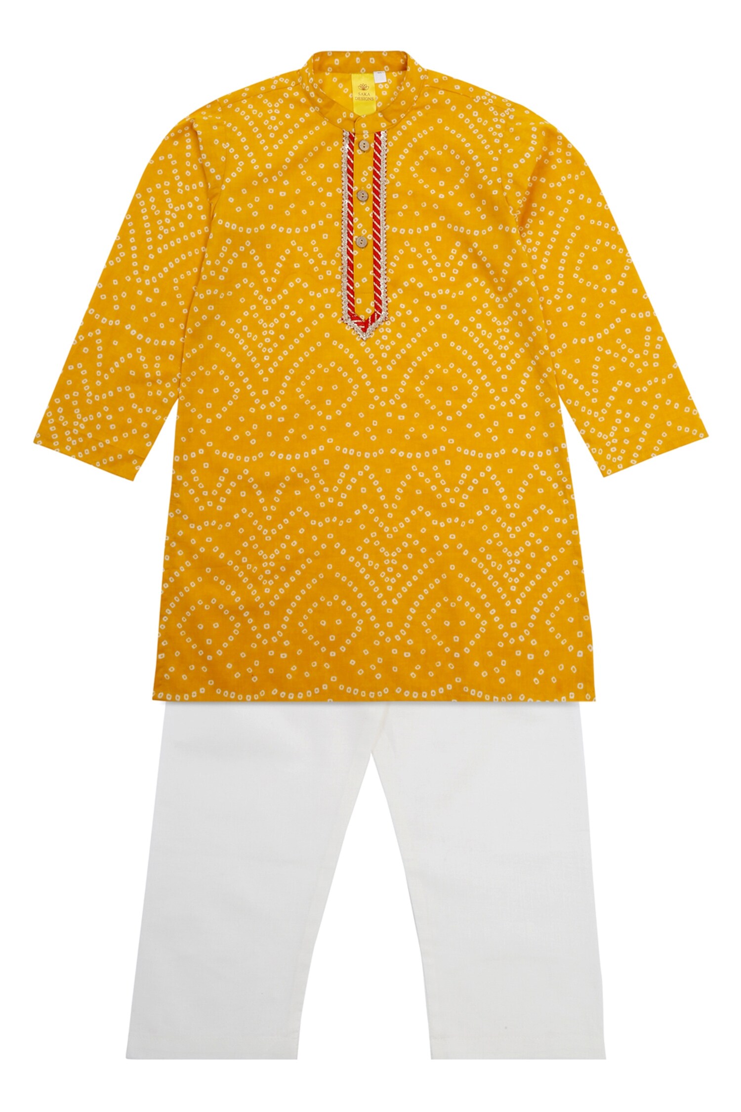 Buy Saka Designs Yellow Bright Bandhej Pattern Kurta With Pyjama For ...