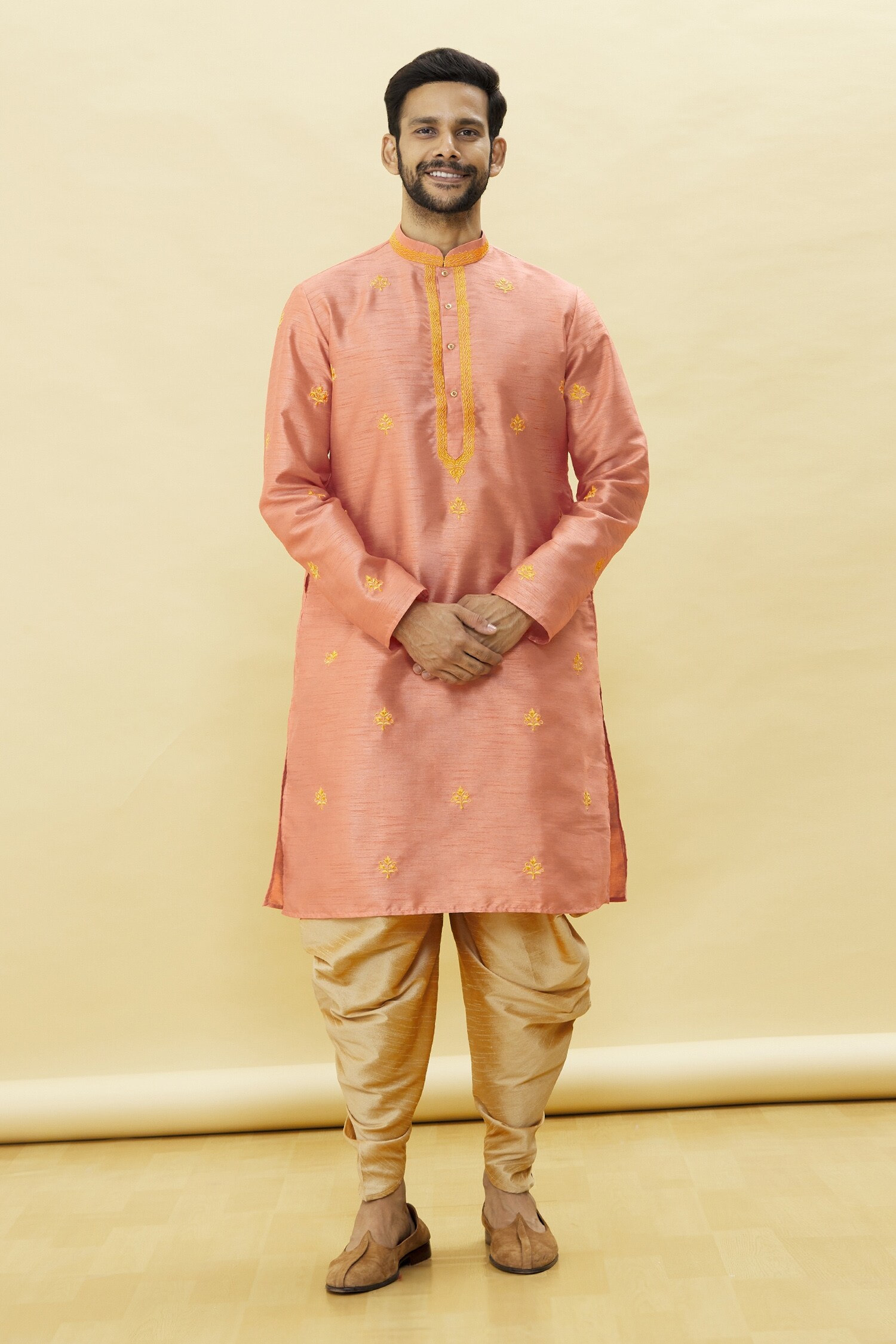 Buy Samyukta Singhania Orange Silk Floral Booti Embroidered Kurta ...