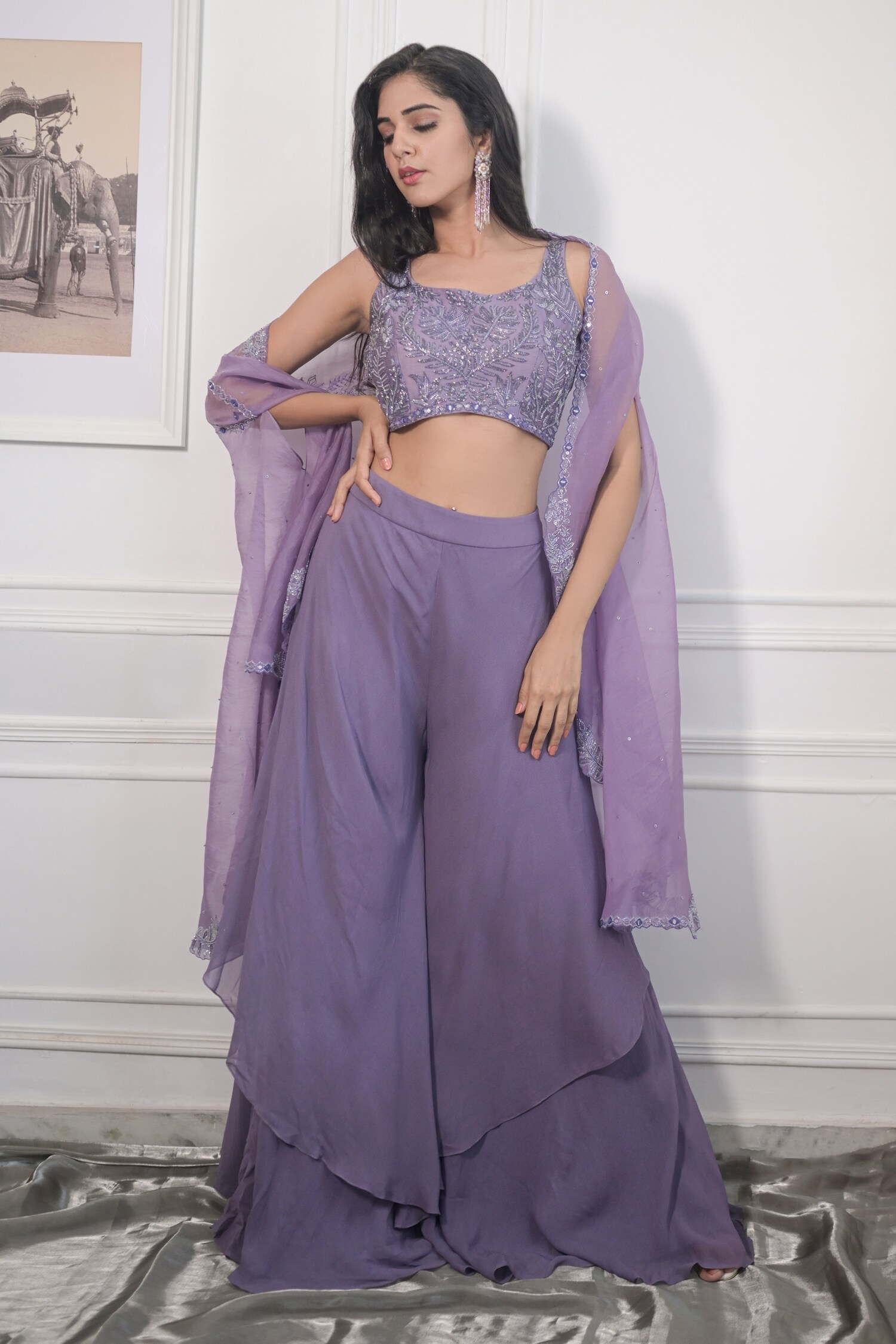 Buy PIRI INDIA Purple Embroidered Cape Palazzo Set Online | Aza Fashions
