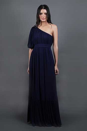 Buy Swatee Singh Blue Georgette Pleated Hem One-shoulder Gown Online ...