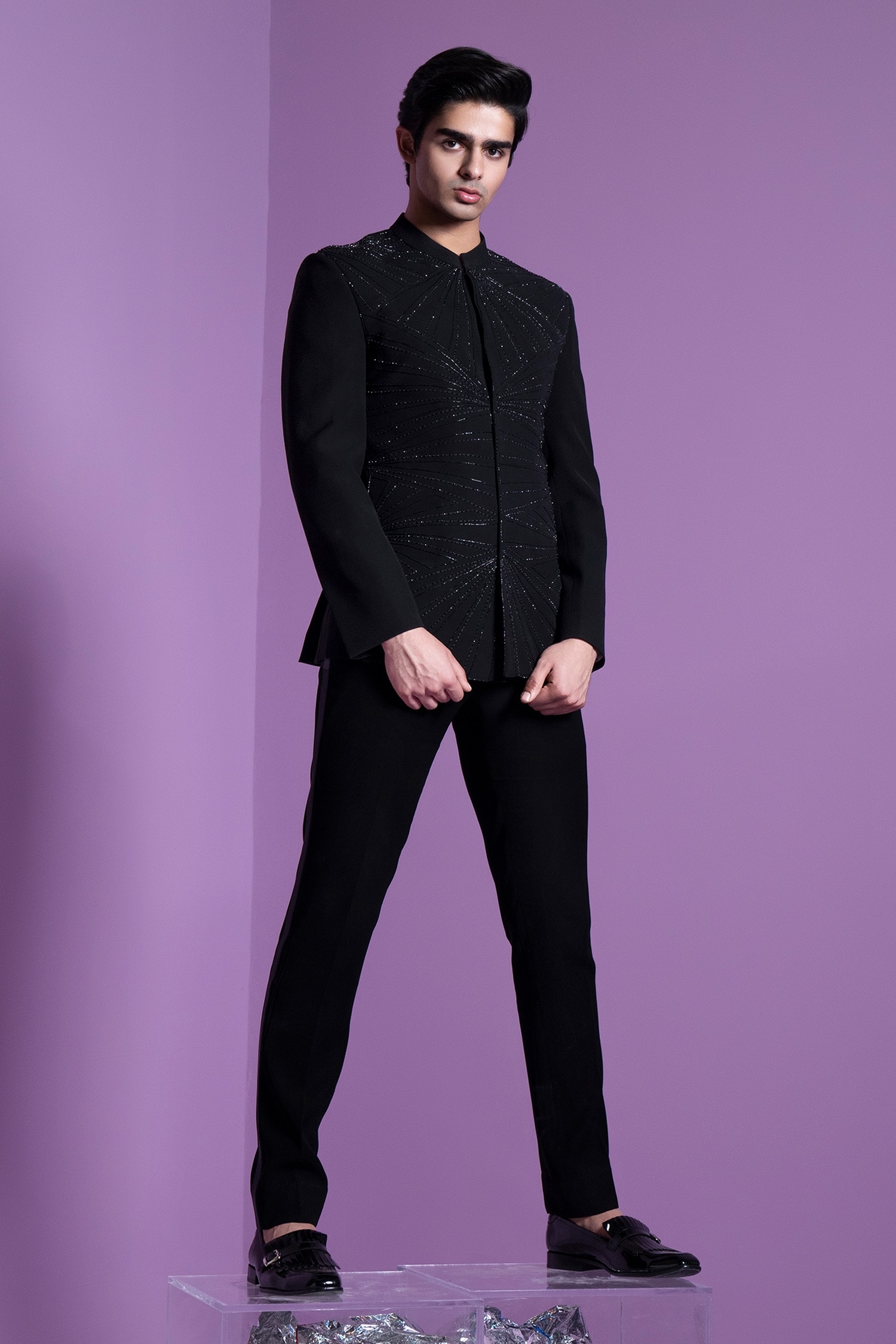 Buy Contrast By Parth Black Italian Suiting Dazzle Shadow Bandhgala ...