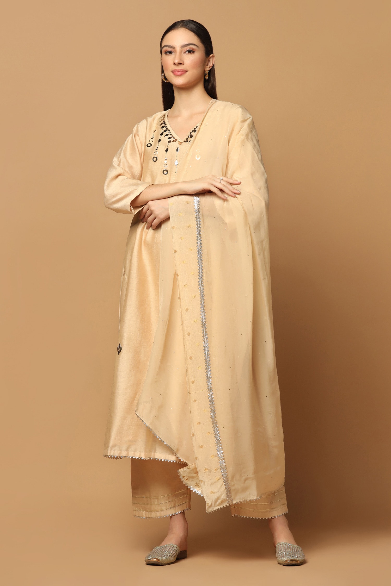 Buy Two Sisters By Gyans Beige Cotton Chanderi Kurta Set Online | Aza Fashions