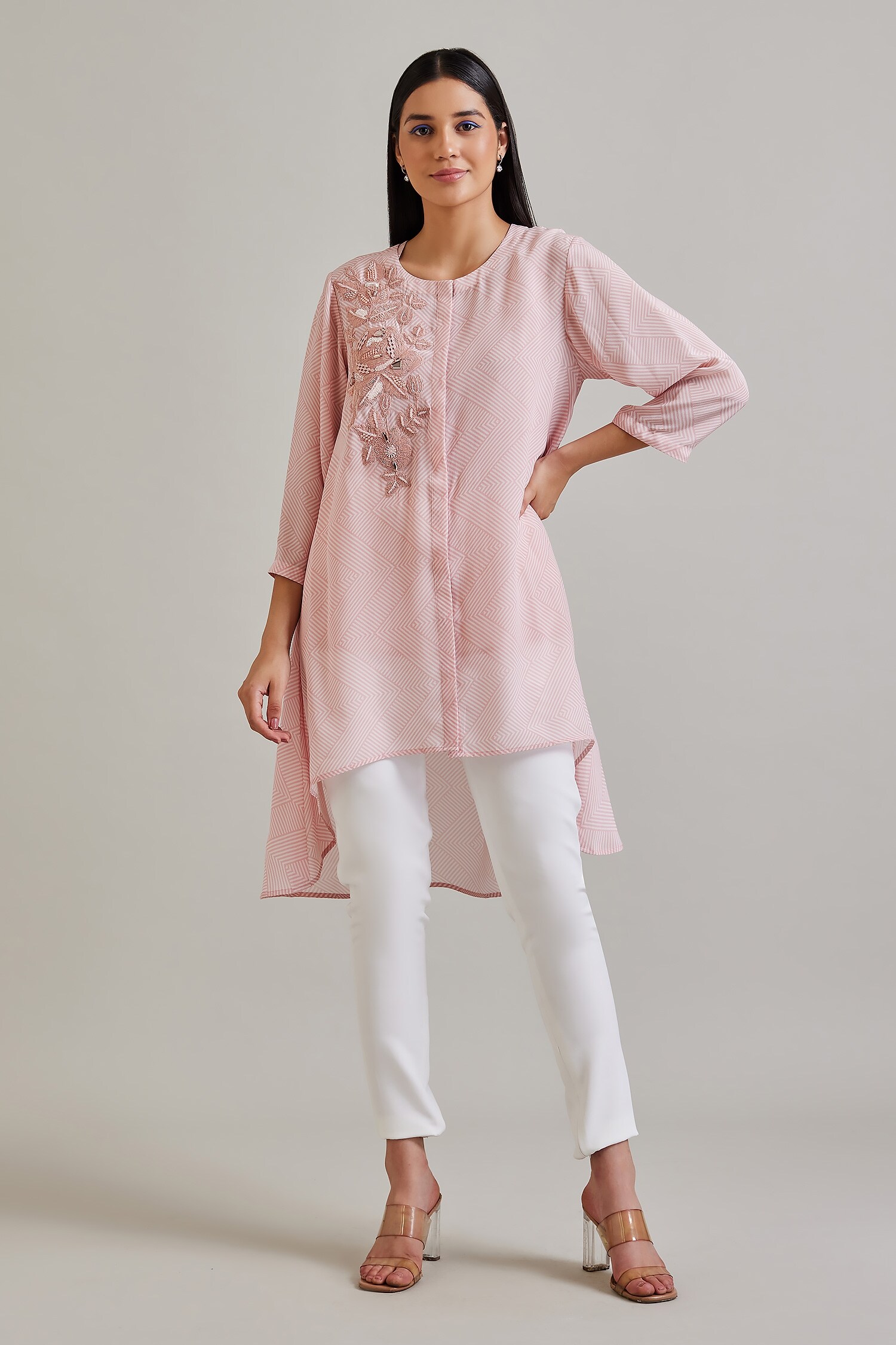 Buy Pankaj And Nidhi Pink Silk Crepe Aurora Thread Embellished Tunic
