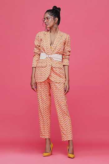 Buy Raasa Orange Crepe Ulta Pulta Tulip Print Blazer And Pant Set ...