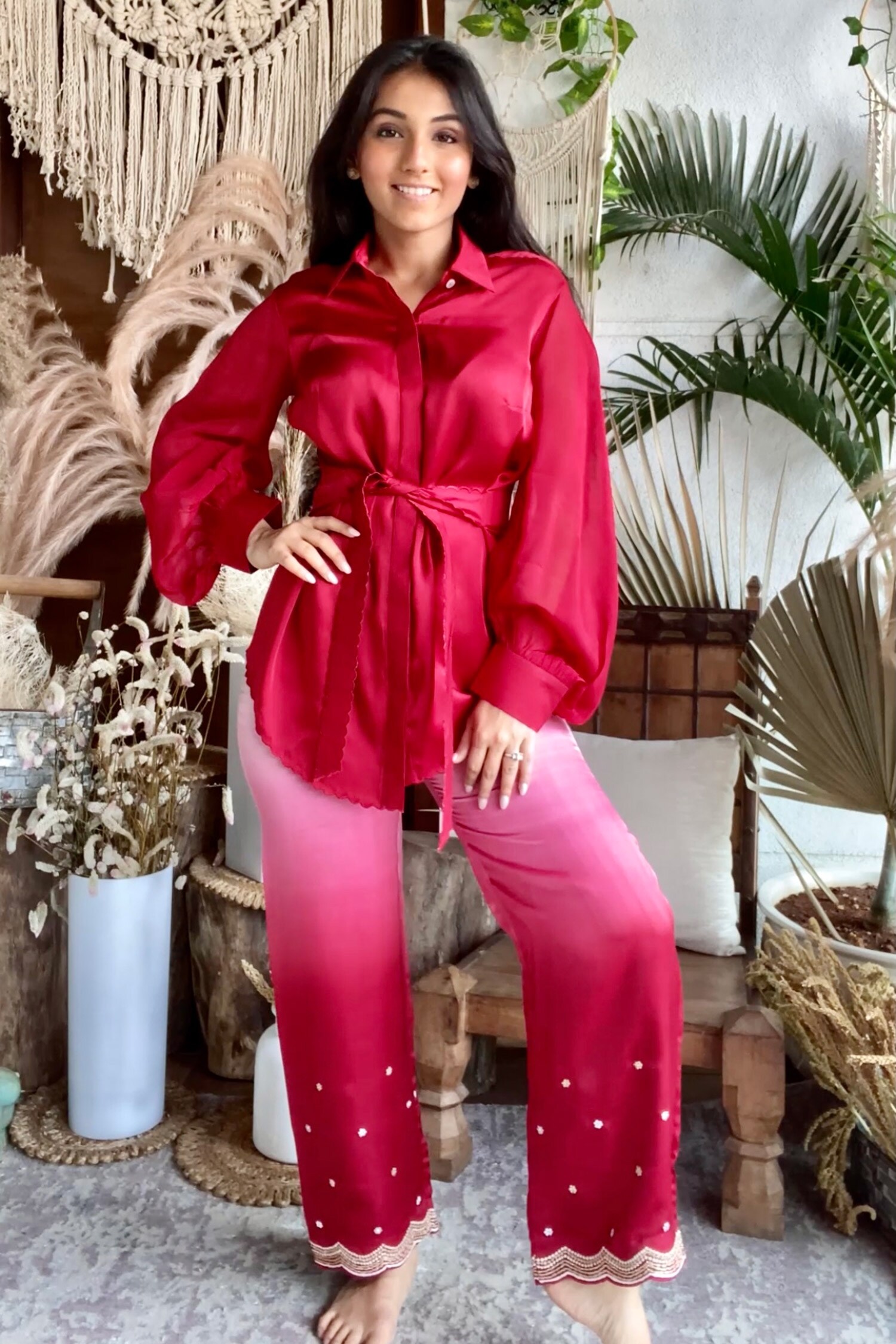 Buy Garima Bindal Red Pure Modal Satin Solid Shirt And Straight Pant ...