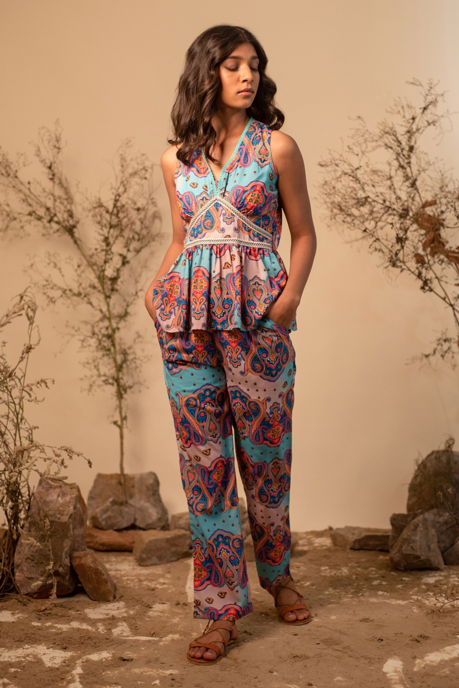 Buy Label Reyya Multi Color Polyester Paisley Print Pant Online | Aza ...