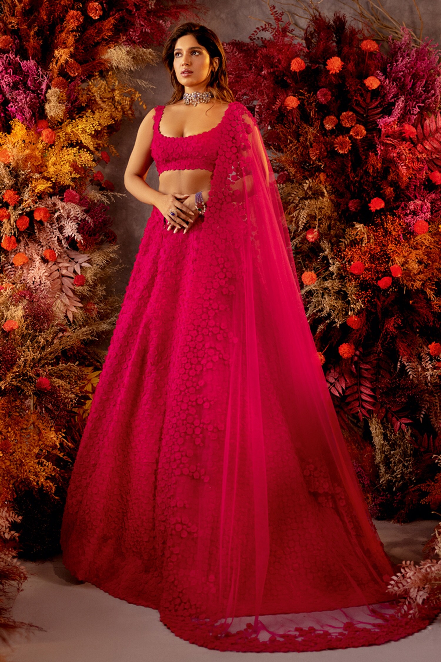 Buy Mrunalini Rao Pink Raw Silk Sheer Mudra 3d Flower Embroidered ...