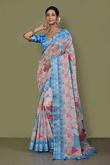 Buy Samyukta Singhania Multi Color Linen Triangular Print Saree With ...