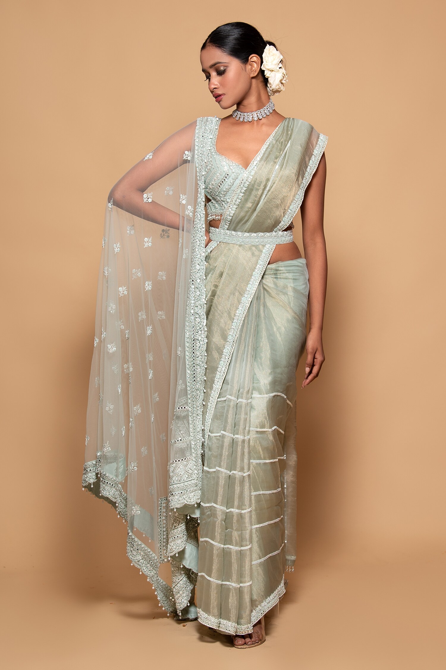 Buy Pallavi Poddar Green Organza Light Alpha Mirrorwork Border Saree ...