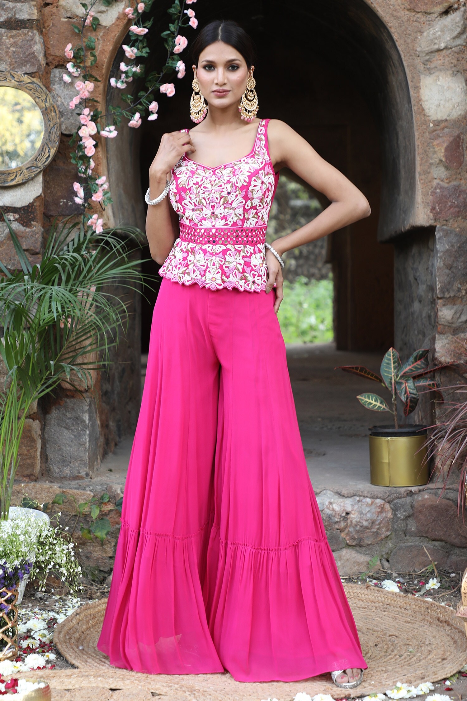 Buy Nitisha Kashyap Official Fuchsia Raw Silk Floral Embroidered Peplum ...