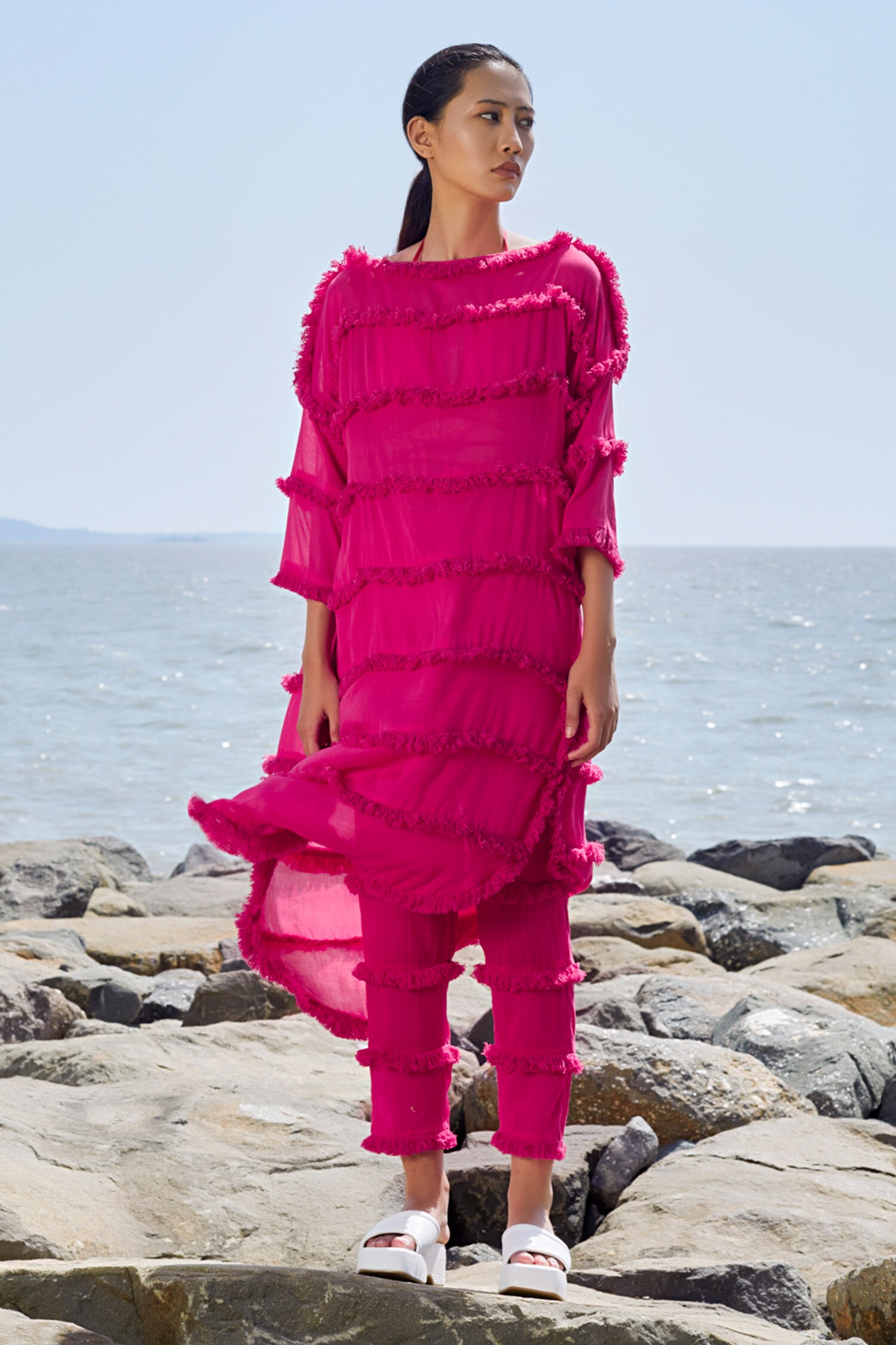 Buy Mati Pink Cotton Fringe Tasselled Pant Online Aza Fashions