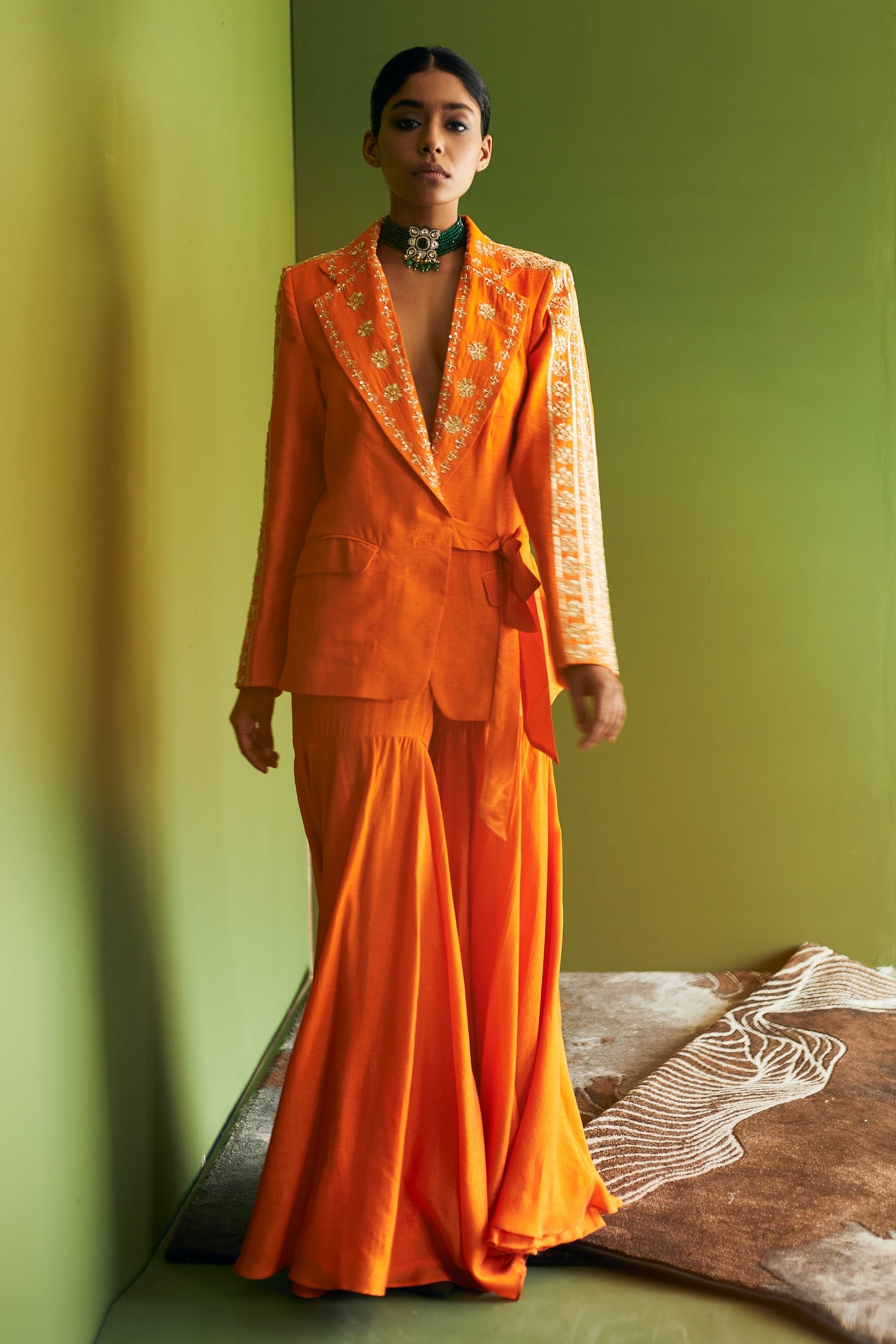 Buy Esha Arora Orange Vegan Silk Embroidered Blazer Sharara Set Online ...