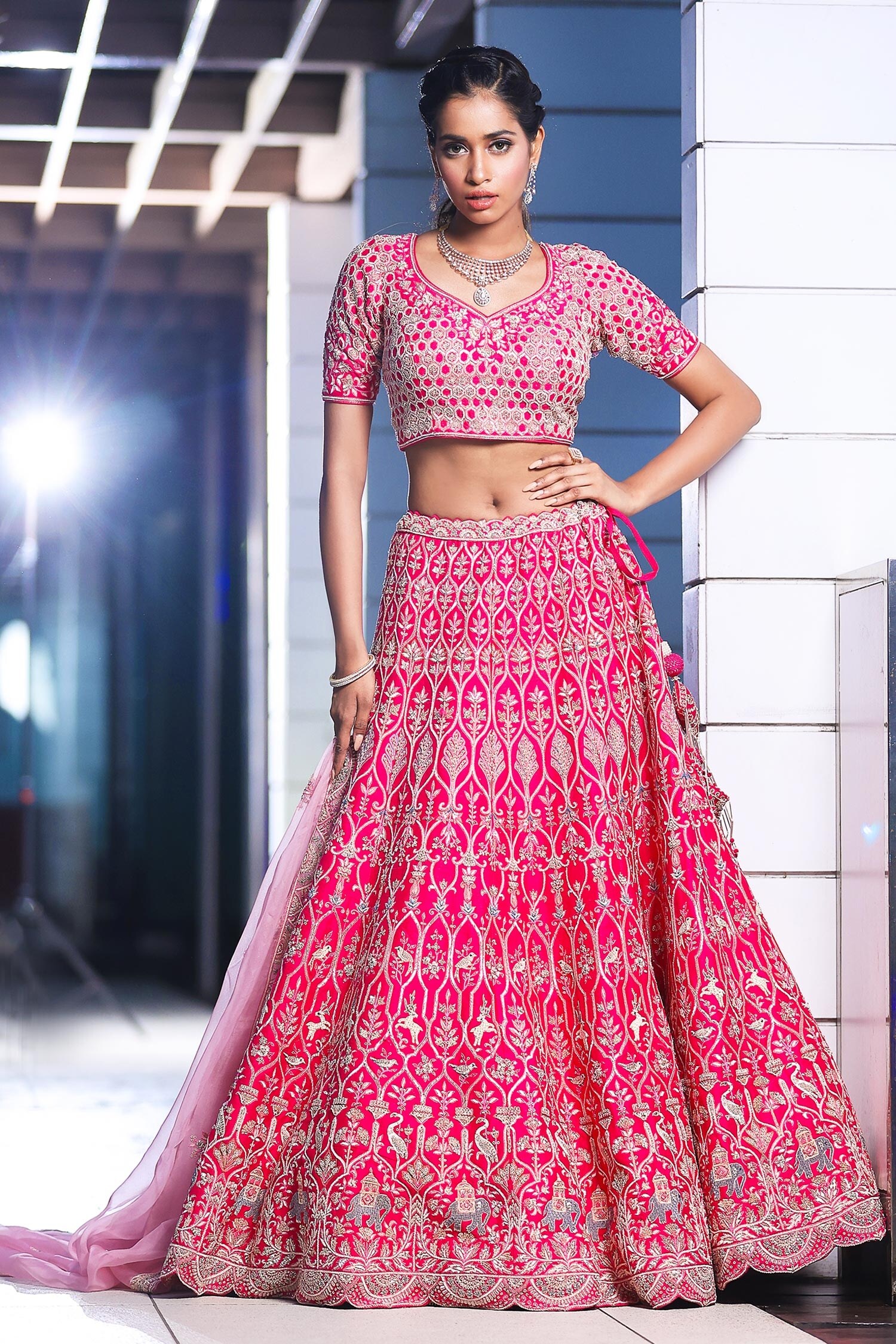 Buy MOHA Atelier Pink Floral Embroidered Bridal Lehenga Set Online ...